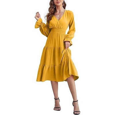 Women's Casual Wrap V Neck Midi Dress Long Sleeve Smocked Waist Tiered ...