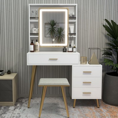 Dovelina Vanity Table Set Vanity Table With Led Light Round Mirror ...