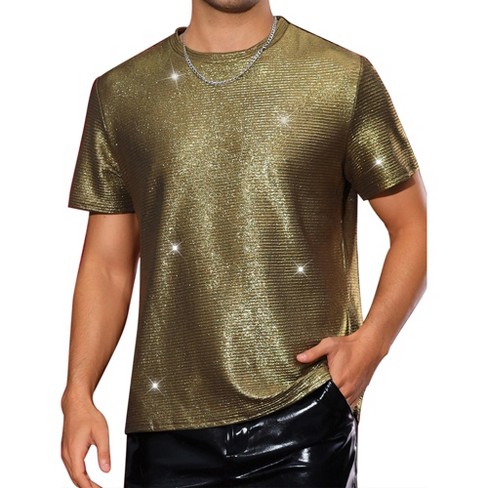 Lars Amadeus Men's Round Neck Short Sleeve Metallic Party Sparkly T-shirts Golden Large : Target