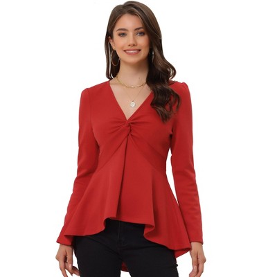 Allegra K Women's V Neck Twist Front Long Sleeve Tunics Peplum Top Red ...
