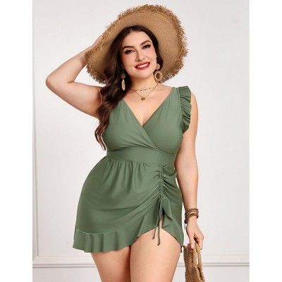 YESFASHION Women's Plus Size Ruffle Trim Tankini Dress One Piece ...
