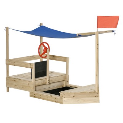 Outsunny Wooden Kids Pirate Sandbox, Outdoor Sandboat With Bench Seats ...
