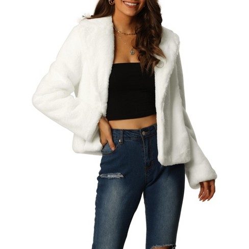 Seta T Women's Fashion Long Sleeve Faux Fur Fluffy Notch Lapel Cropped ...