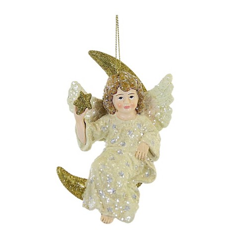 5.0 Inch Angel In Moon Ornament Christmas Star Glittered Tree Ornaments ...