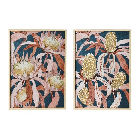 Storied Home (set Of 2) Floral Prints With Wood Wall Art Set : Target