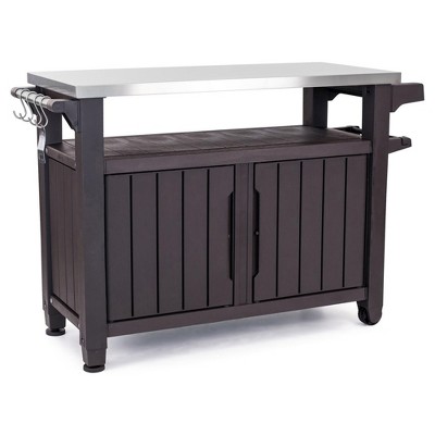 Keter Unity XL Outdoor Kitchen Rolling Bar Cart with Storage Cabinet Brown