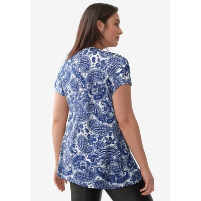 ellos V-Neck Tunic With Gathered Bodice - 30/32, White Blue Paisley ...