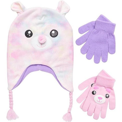 Girls Critter Pink Bear Winter Hat And 2 Pair Mittens Set, Little Girls ...