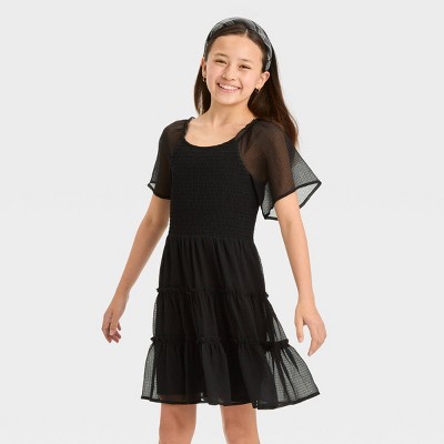 Girls' Smocked Bodice Flutter Sleeve Textured Dress - Art Class™ Black ...