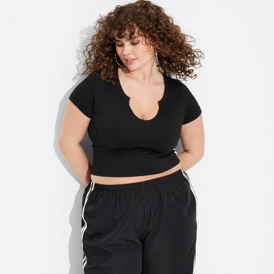 Women's Short Sleeve V-neck Seamless Notched Top - Wild Fable™ Black 2x ...