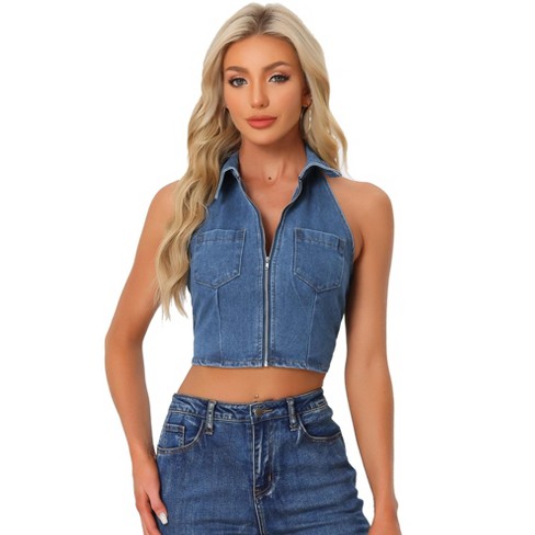 Allegra K Women's Zipper Up Collared Sleeveless Jean Halter Denim Top ...