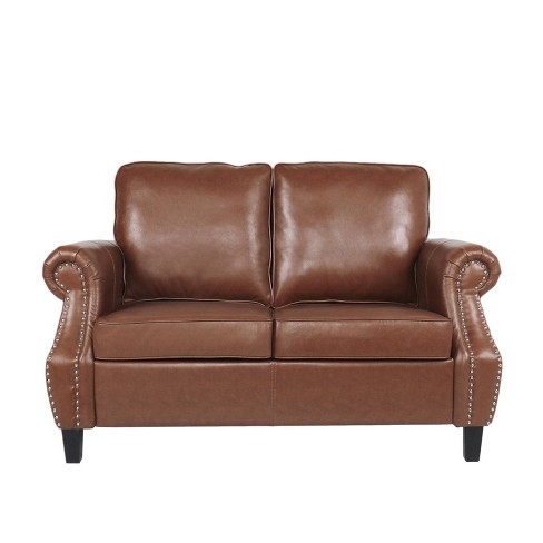 Christopher Knight Home Lawton Faux Leather Loveseat with Nailhead Trim Cognac Brown Dark Brown