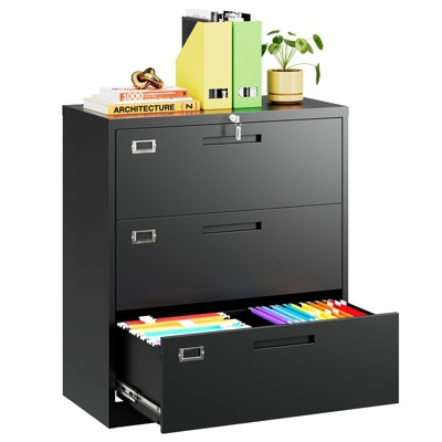 Mlezan 3-Drawer BLack Lateral File Cabinet: Lockable Metal Storage for ...