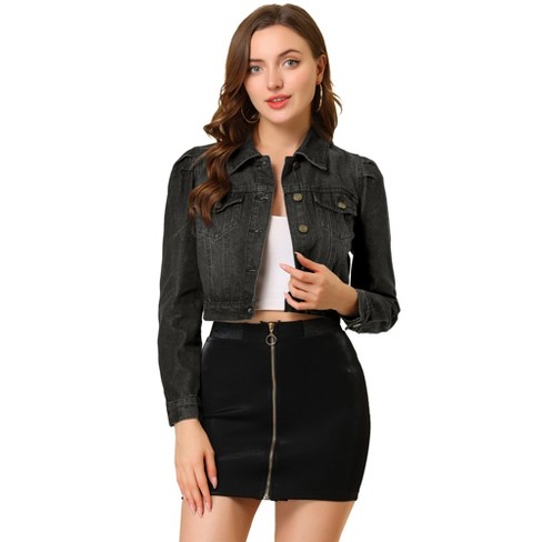 Allegra K Women's Lightweight Puff Sleeve Washed Cropped Denim Jacket ...