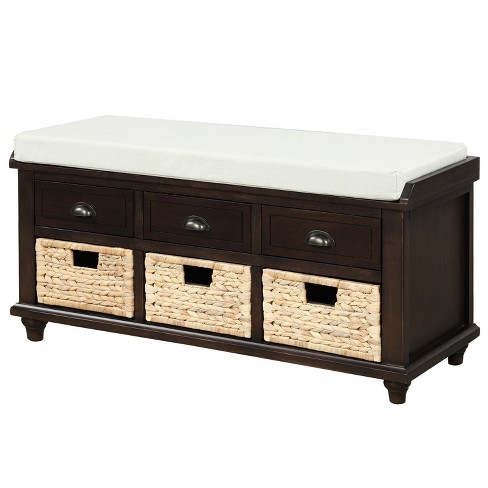 Rustic Storage Bench With 3 Drawers And 3 Rattan Baskets Espresso ...