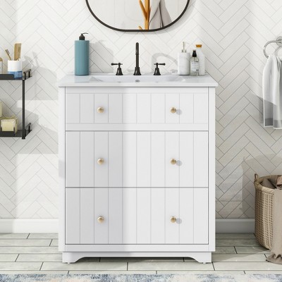30" Modern White Bathroom Vanity With 2 Drawers And Golden Round ...