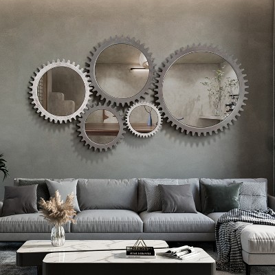 Racxily Round Gear Mirror, Vintage Wood Patchwork Design for Wall Decor ...