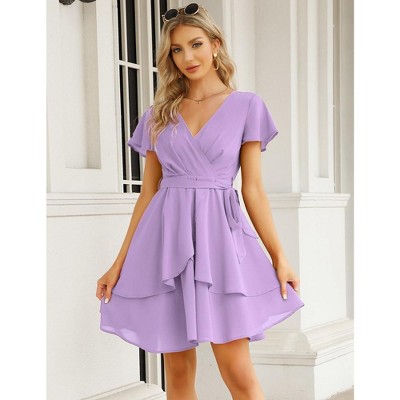 Womens Skater Dresses Sexy V Neck Short Sleeve Tie Waist Solid Ruffle ...