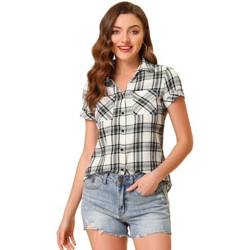 Inspire Chic Women's Classic Short Sleeve Button Down Plaid Shirt Beige ...