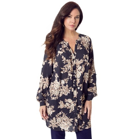 Roaman's Women's Plus Size Button-down Y-neck Tunic - 36 W, Black ...