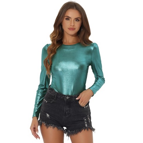 Allegra K Women's Long Sleeve Puff Sleeve Party Glitter Shiny Metallic ...