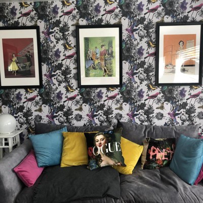 Jardin Grey Floral Birds Paste The Wall Wallpaper : Target