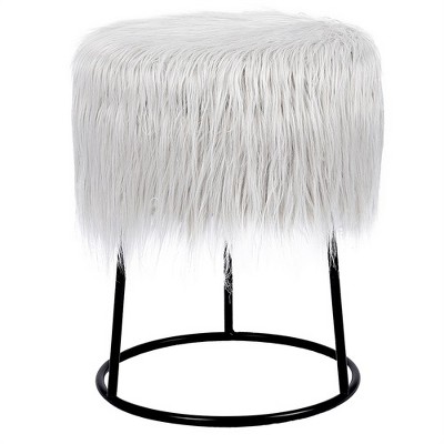 Birdrock Home Round Grey Faux Fur Foot Stool Storage Ottoman With Black ...