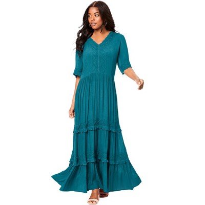 Roaman's Women's Plus Size Lace Crinkle Maxi Dress - 22/24, Teal ...