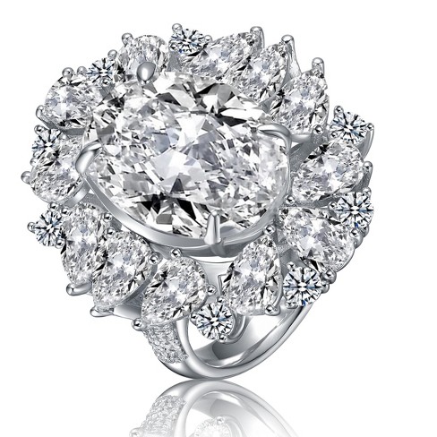 Guili White Gold Plated Oval Cocktail Ring With Clear Cubic Zirconia ...