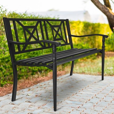 Costway Patio Garden Bench Steel Frame Rattan Backrest Park Yard ...