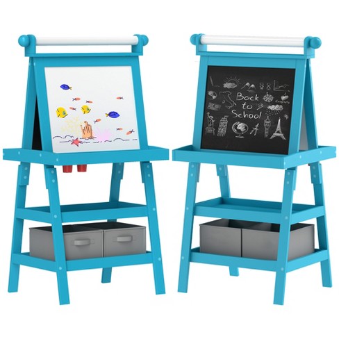 Qaba Easel For Kids, Double Sided Kids Art Easel With Paper Roll, Magnetic Whiteboard ...