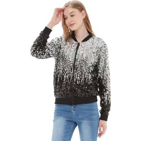 Anna-kaci Sequin Bright Zig Zag Ombre Sparkle Bomber Zip-up Jacket ...
