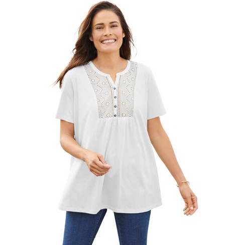 Woman Within Women's Plus Size Eyelet Henley Tee - 4x, White : Target