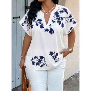 Women's Blue Print v Neck Top, Loose Batwing Sleeve Blouse with Flowy ...