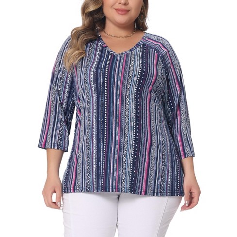 Agnes Orinda Women's Plus Size V Neck 3/4 Sleeve Knit Stripe Boho Casual Blouses : Target