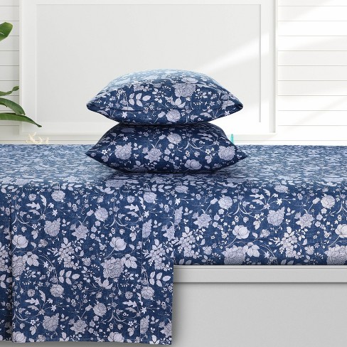 Queen 300 Thread Count Organic Cotton Deep Pocket Printed Sheet Set Kate Dark Blue Azores Home Target