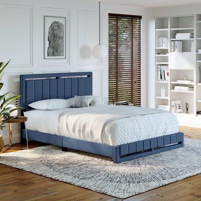 Queen Malik Mid-century Vertical Channel Linen Upholstered Platform Bed ...