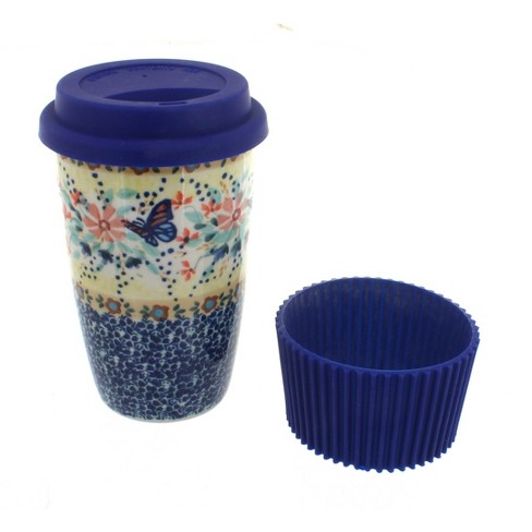 Blue Rose Polish Pottery Blue Butterfly Travel Coffee Mug : Target