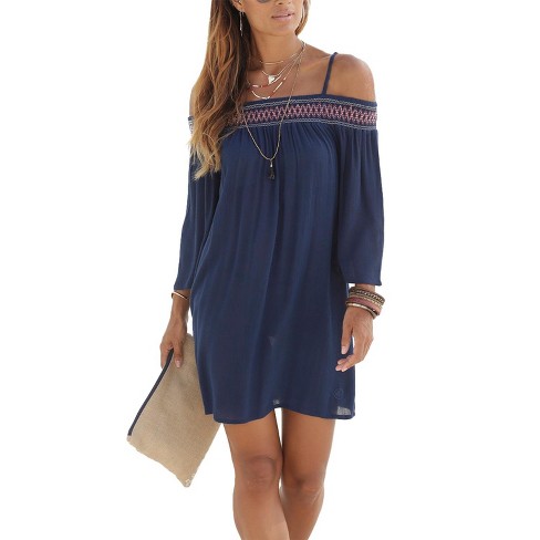 Lascana Women's Embroidered Cold Shoulder Dress Solid Navy 6 : Target