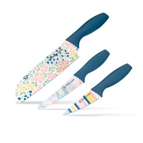 Dura Living 3 Piece Printed Kitchen Knife Set With Blade Guards, Floral ...