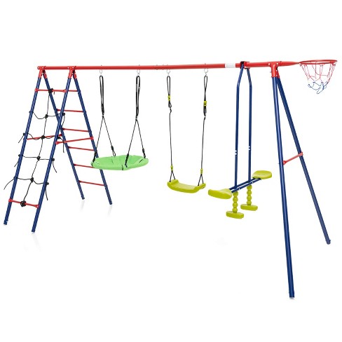 Costway Swing Set For Backyard With 2 Height Adjustable Swings Glider ...