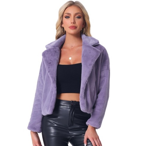 Allegra K Women's Cropped Notch Lapel Open Front Faux Fur Fluffy Coat Grey Purple Small : Target
