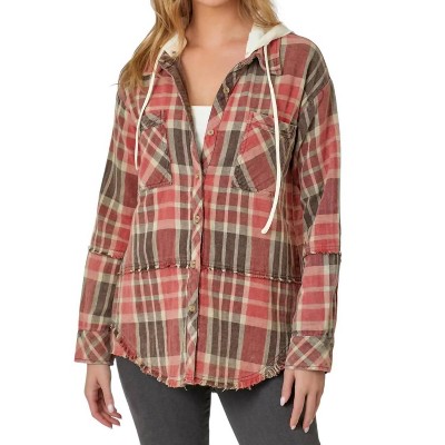 Women's Washed Plaid Hoodie Jacket - Mystree : Target