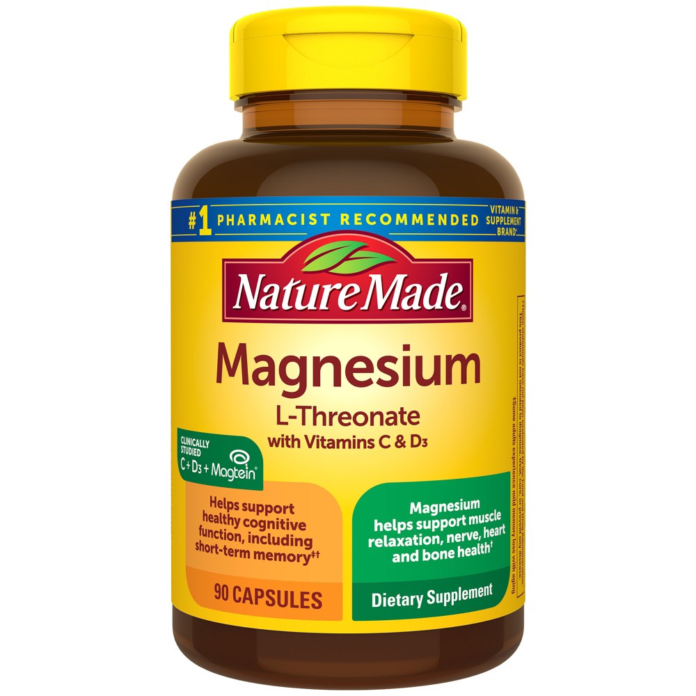 Nature Made Magnesium L Threonate with Vitamin C & Vitamin D3 Capsules ...