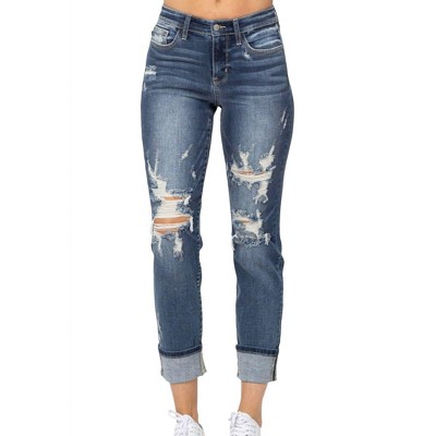 Women's Mid Rise Destroyed Cuffed Friend Jeans - Judy Blue 13 : Target