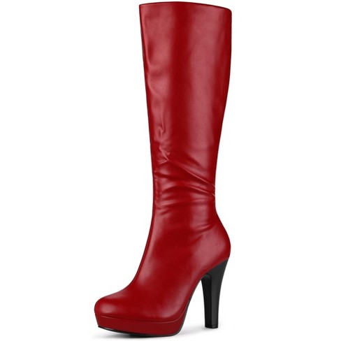 Allegra K Women's Chunky Heel Round Toe Platform Knee High Boots Red 8 ...
