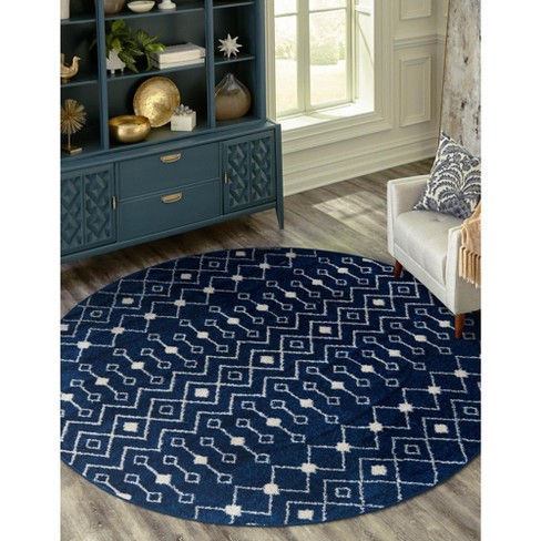 Unique Loom 5' 3 X 5' 3 Round Alaoui Geometric Trellis Navy Blue Area ...