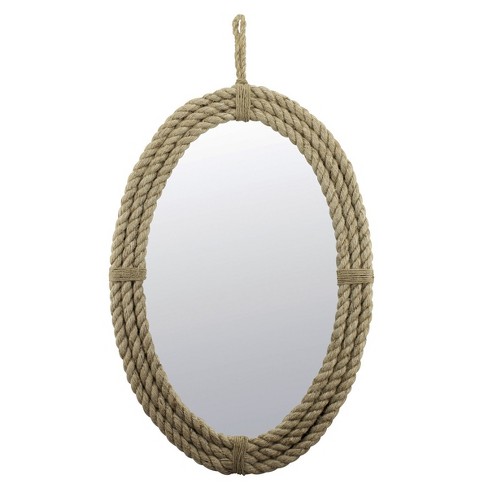 24.8" X 16.5" Oval Decorative Rope Wall Mirror With Loop Hanger Tan ...