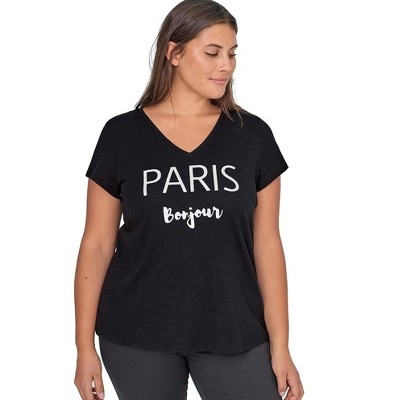 Ellos Women's Plus Size Screenprint V-neck Tee, 14/16 - Black Screen ...
