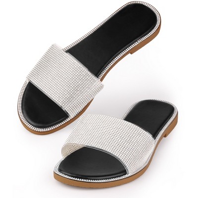 Perphy Women's Open Toe Rhinestones Glitter Slip-on Beach Flat Sandals ...